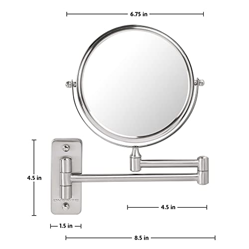 OVENTE 7" Wall Mount Makeup Mirror, 1X & 10X Magnifier, Adjustable Spinning Double Sided Round Reflection, Extend, Retractable & Folding Arm, Bathroom & Vanity Décor, Nickel Brushed MNLFW70BR1X10X