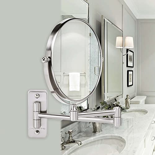 OVENTE 7" Wall Mount Makeup Mirror, 1X & 10X Magnifier, Adjustable Spinning Double Sided Round Reflection, Extend, Retractable & Folding Arm, Bathroom & Vanity Décor, Nickel Brushed MNLFW70BR1X10X