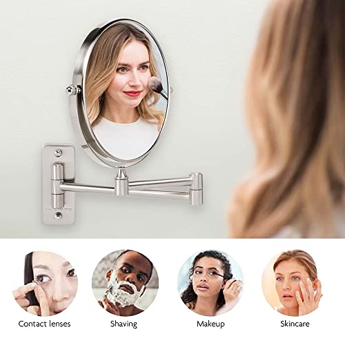 OVENTE 7" Wall Mount Makeup Mirror, 1X & 10X Magnifier, Adjustable Spinning Double Sided Round Reflection, Extend, Retractable & Folding Arm, Bathroom & Vanity Décor, Nickel Brushed MNLFW70BR1X10X