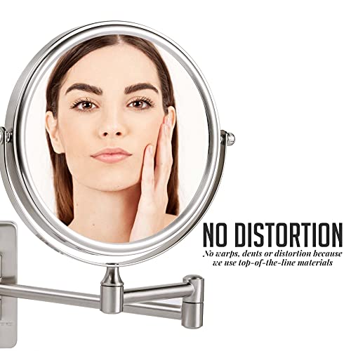 OVENTE 7" Wall Mount Makeup Mirror, 1X & 10X Magnifier, Adjustable Spinning Double Sided Round Reflection, Extend, Retractable & Folding Arm, Bathroom & Vanity Décor, Nickel Brushed MNLFW70BR1X10X