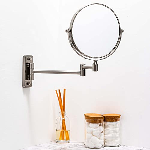 OVENTE 7" Wall Mount Makeup Mirror, 1X & 10X Magnifier, Adjustable Spinning Double Sided Round Reflection, Extend, Retractable & Folding Arm, Bathroom & Vanity Décor, Nickel Brushed MNLFW70BR1X10X