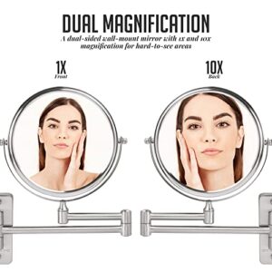 OVENTE 7" Wall Mount Makeup Mirror, 1X & 10X Magnifier, Adjustable Spinning Double Sided Round Reflection, Extend, Retractable & Folding Arm, Bathroom & Vanity Décor, Nickel Brushed MNLFW70BR1X10X