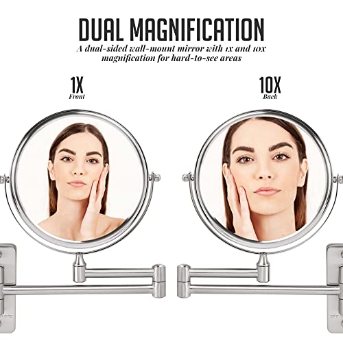 OVENTE 7" Wall Mount Makeup Mirror, 1X & 10X Magnifier, Adjustable Spinning Double Sided Round Reflection, Extend, Retractable & Folding Arm, Bathroom & Vanity Décor, Nickel Brushed MNLFW70BR1X10X