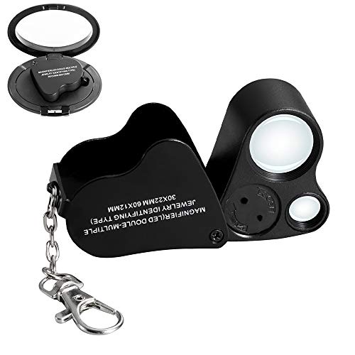 Jiusion Portable Lighted LED Illuminated Jewelry Magnifier 30X 60X Wearable Handheld Dual Lens Eye Loupe Magnifying Glasses Micro Microscope with Keychain and Lanyard