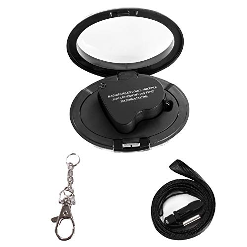 Jiusion Portable Lighted LED Illuminated Jewelry Magnifier 30X 60X Wearable Handheld Dual Lens Eye Loupe Magnifying Glasses Micro Microscope with Keychain and Lanyard