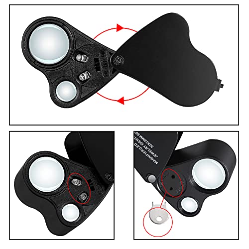 Jiusion Portable Lighted LED Illuminated Jewelry Magnifier 30X 60X Wearable Handheld Dual Lens Eye Loupe Magnifying Glasses Micro Microscope with Keychain and Lanyard