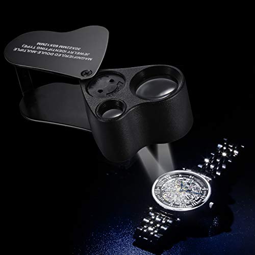 Jiusion Portable Lighted LED Illuminated Jewelry Magnifier 30X 60X Wearable Handheld Dual Lens Eye Loupe Magnifying Glasses Micro Microscope with Keychain and Lanyard