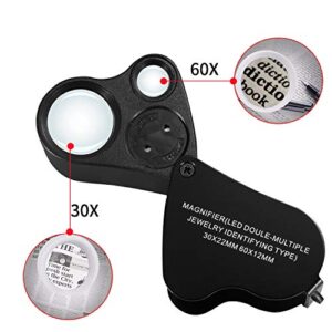 Jiusion Portable Lighted LED Illuminated Jewelry Magnifier 30X 60X Wearable Handheld Dual Lens Eye Loupe Magnifying Glasses Micro Microscope with Keychain and Lanyard