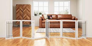 pawland 144-inch extra wide 30-inches tall dog gate with door walk through, freestanding wire pet gate for the house, doorway, stairs, pet puppy safety fence, support feet included, white,6 panels