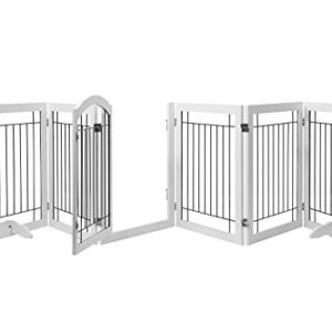 PAWLAND 144-inch Extra Wide 30-inches Tall Dog gate with Door Walk Through, Freestanding Wire Pet Gate for The House, Doorway, Stairs, Pet Puppy Safety Fence, Support Feet Included, White,6 Panels