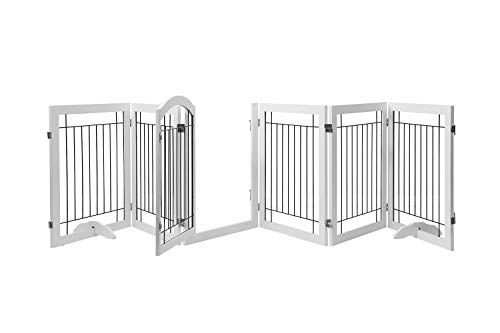 PAWLAND 144-inch Extra Wide 30-inches Tall Dog gate with Door Walk Through, Freestanding Wire Pet Gate for The House, Doorway, Stairs, Pet Puppy Safety Fence, Support Feet Included, White,6 Panels