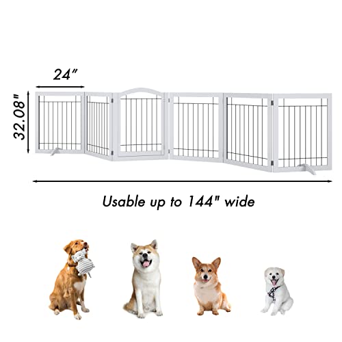 PAWLAND 144-inch Extra Wide 30-inches Tall Dog gate with Door Walk Through, Freestanding Wire Pet Gate for The House, Doorway, Stairs, Pet Puppy Safety Fence, Support Feet Included, White,6 Panels