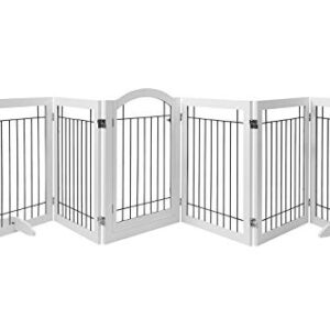 PAWLAND 144-inch Extra Wide 30-inches Tall Dog gate with Door Walk Through, Freestanding Wire Pet Gate for The House, Doorway, Stairs, Pet Puppy Safety Fence, Support Feet Included, White,6 Panels