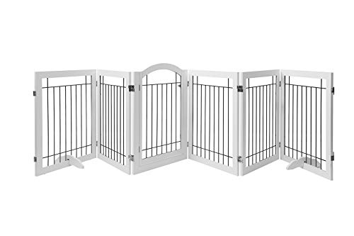 PAWLAND 144-inch Extra Wide 30-inches Tall Dog gate with Door Walk Through, Freestanding Wire Pet Gate for The House, Doorway, Stairs, Pet Puppy Safety Fence, Support Feet Included, White,6 Panels