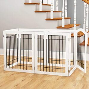 PAWLAND 144-inch Extra Wide 30-inches Tall Dog gate with Door Walk Through, Freestanding Wire Pet Gate for The House, Doorway, Stairs, Pet Puppy Safety Fence, Support Feet Included, White,6 Panels