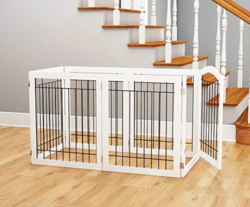 PAWLAND 144-inch Extra Wide 30-inches Tall Dog gate with Door Walk Through, Freestanding Wire Pet Gate for The House, Doorway, Stairs, Pet Puppy Safety Fence, Support Feet Included, White,6 Panels