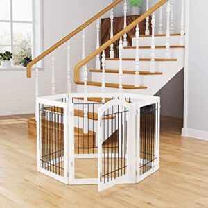 PAWLAND 144-inch Extra Wide 30-inches Tall Dog gate with Door Walk Through, Freestanding Wire Pet Gate for The House, Doorway, Stairs, Pet Puppy Safety Fence, Support Feet Included, White,6 Panels