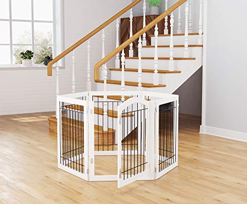 PAWLAND 144-inch Extra Wide 30-inches Tall Dog gate with Door Walk Through, Freestanding Wire Pet Gate for The House, Doorway, Stairs, Pet Puppy Safety Fence, Support Feet Included, White,6 Panels