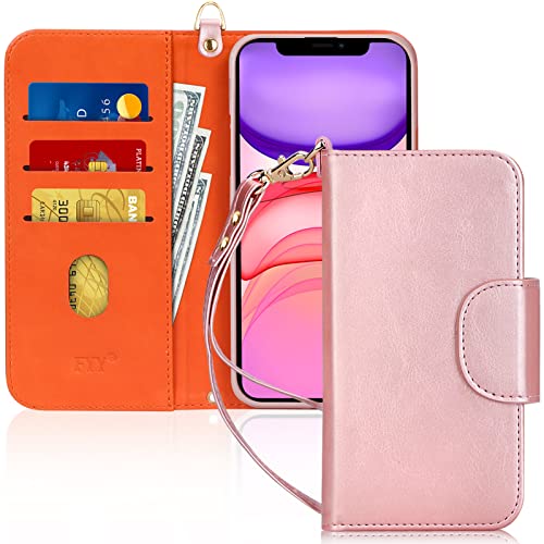 FYY Compatible with iPhone 11 Case, [Kickstand Feature] Luxury PU Leather Wallet Case Flip Folio Cover with [Card Slots] and [Note Pockets] Case for iPhone 11 6.1" Rose Gold