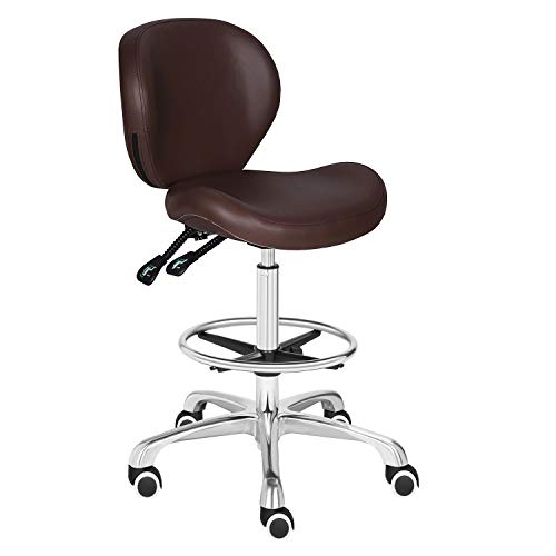 Kaleurrier Adjustable Stools Drafting Chair with Backrest & Foot Rest,Tilt Back,Swivel Seat,Rolling Wheels,for Studio,Dental,Office,Salon and Counter,Armless Tall Home Desk Chairs (Brown)