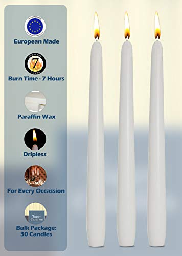 Hyoola Tall Taper Candles - Tapered Candles - White Dripless Candle Sticks - 8 Inch (20cm) - 7 Hour Burn Time (30-Pack)