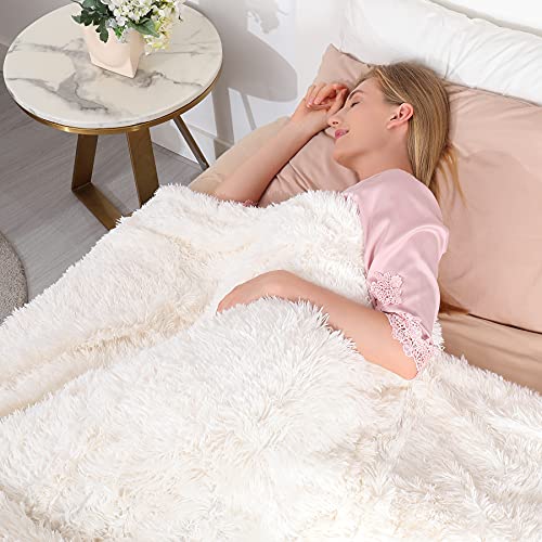 Decorative Extra Soft Faux Fur Blanket Twin Size 70" x 78",Solid Reversible Fuzzy Lightweight Long Hair Shaggy Blanket,Fluffy Cozy Plush Fleece Comfy Microfiber Blanket for Couch Sofa Bed,Cream White