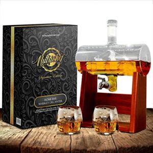 nutrichef glass whiskey decanter with glasses -1100ml barrel whiskey carafe alcohol decanter set, decanter w/ spigot, stopper & base, for brandy wine cognac rum gin scotch bourbon - nutrichef