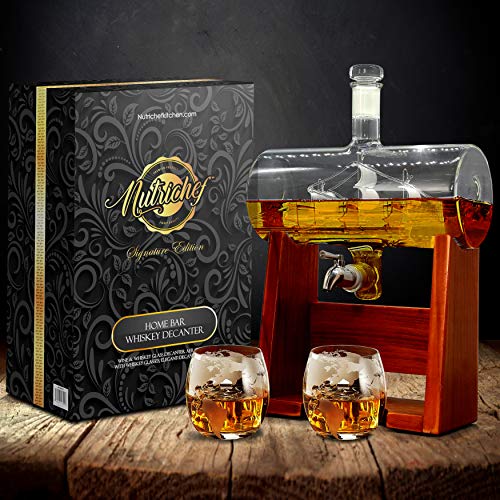 NutriChef Glass Whiskey Decanter with Glasses -1100ml Barrel Whiskey Carafe Alcohol Decanter Set, Decanter w/ Spigot, Stopper & Base, For Brandy Wine Cognac Rum Gin Scotch Bourbon - NutriChef