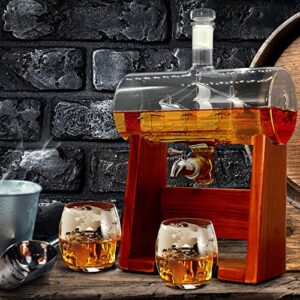 NutriChef Glass Whiskey Decanter with Glasses -1100ml Barrel Whiskey Carafe Alcohol Decanter Set, Decanter w/ Spigot, Stopper & Base, For Brandy Wine Cognac Rum Gin Scotch Bourbon - NutriChef