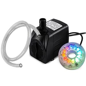 pulaco 10watt 160gph submersible fountain pump wiht led light for water feature, outdoor pond, aquarium fish tanks, home décor fountain