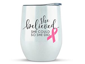 klubi breast cancer awareness gift large 12oz glitter white tumbler for wine or coffee- idea for women, post surgery, survivor, chemo, glass, care packages, baskets, chemotherapy patients