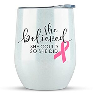 KLUBI Breast Cancer Awareness Gift Large 12oz GLITTER White Tumbler for Wine or Coffee- Idea for Women, Post Surgery, Survivor, Chemo, Glass, Care Packages, Baskets, Chemotherapy Patients