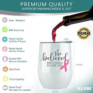 KLUBI Breast Cancer Awareness Gift Large 12oz GLITTER White Tumbler for Wine or Coffee- Idea for Women, Post Surgery, Survivor, Chemo, Glass, Care Packages, Baskets, Chemotherapy Patients