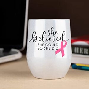 KLUBI Breast Cancer Awareness Gift Large 12oz GLITTER White Tumbler for Wine or Coffee- Idea for Women, Post Surgery, Survivor, Chemo, Glass, Care Packages, Baskets, Chemotherapy Patients