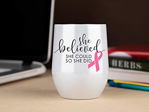 KLUBI Breast Cancer Awareness Gift Large 12oz GLITTER White Tumbler for Wine or Coffee- Idea for Women, Post Surgery, Survivor, Chemo, Glass, Care Packages, Baskets, Chemotherapy Patients