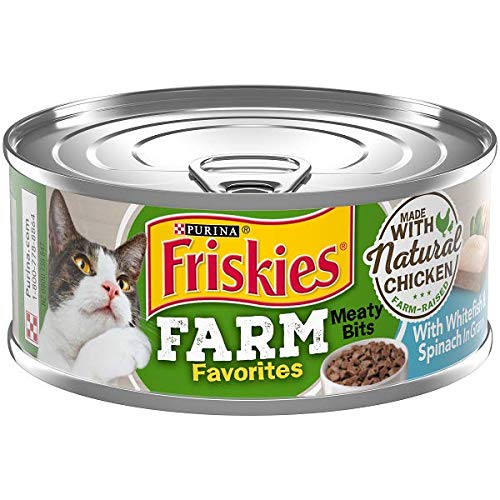 Friskies Pack of 12 CANS Farm Favorites Meaty Bits Chicken and Whitefish & Spinach in Gravy (12-5.5 OZ) Cans