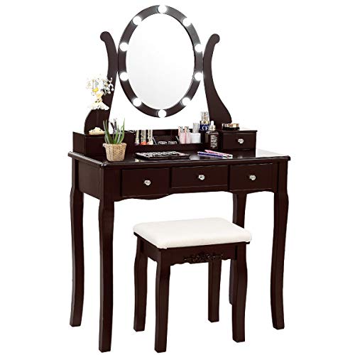 CHARMAID Vanity Table Set with Lighted Mirror, Makeup Dressing Table with 10 LED Lights, Touch Switch, 5 Drawers, Removable Organizer, 10 Dimmable Lights Makeup Table and Cushioned Stool Set (Coffee)