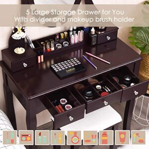 CHARMAID Vanity Table Set with Lighted Mirror, Makeup Dressing Table with 10 LED Lights, Touch Switch, 5 Drawers, Removable Organizer, 10 Dimmable Lights Makeup Table and Cushioned Stool Set (Coffee)