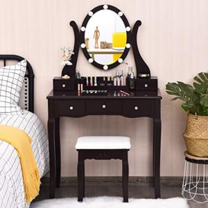 CHARMAID Vanity Table Set with Lighted Mirror, Makeup Dressing Table with 10 LED Lights, Touch Switch, 5 Drawers, Removable Organizer, 10 Dimmable Lights Makeup Table and Cushioned Stool Set (Coffee)