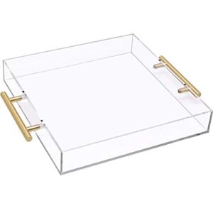 12x12 clear acrylic serving tray with gold handle, clear square plastic serving tray food serving tray for breakfast coffee bread kitchen home decor(12x12 inches)