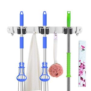 broom mop holder wall mount stainless steel rack tools organizer hanger with 3 slots 4 hooks for kitchen garage garden bathroom shelving system