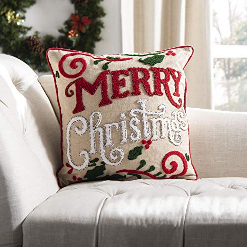 Safavieh Home Merry Green and Red and Beige Christmas 18-inch Decorative Pillow Pillow, 1 Count (Pack of 1)