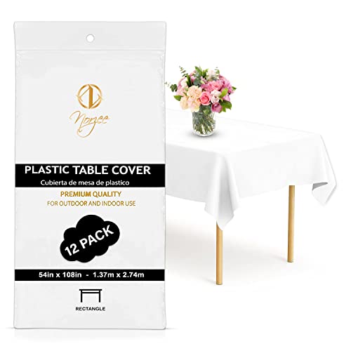 NORZEE 12-Pack White Premium Disposable Plastic Tablecloths, 54" x 108" Plastic Table Cloths for Parties Disposable, Decorative Rectangle Table Cover