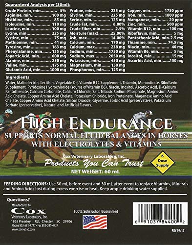 High Endurance Oral Paste Horse Supplement for Horses—3-Pack. Electrolytes, Vitamins and Minerals to Help Prevent Dehydration. Three 60-ml Easy-Dose Syringes. Cox Veterinary Lab. Made in USA.