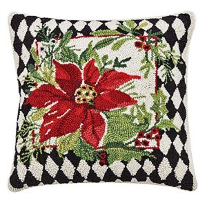 peking handicraft holiday harlequin christmas poinsettia hooked throw pillow - 18" x 18"