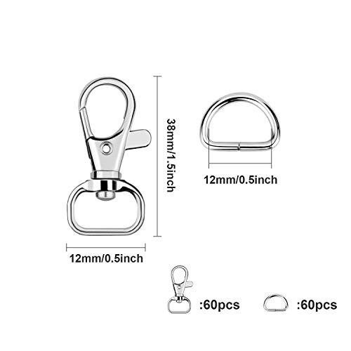 SANNIX 120 Pcs Keychain Clip Hooks with D Ring Include 60Pcs Swivel Snap Hooks Lanyard Clip and 60Pcs D Ring for Purse Hardware Sewing Projects (1/2” Inside Width)