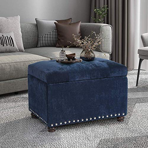 Homebeez Tufted Storage Ottoman Bench Velvet Footrest Stool with Lift Top & Nailhead Trim (Navy Blue)