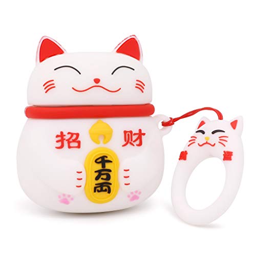 Yonocosta Cute Airpods Case, Airpods 2 Case, Fashion Funny 3D Cartoon Animals White Lucky Cat Kitty Shaped Full Protection Shockproof Soft Silicone Charging Case Cover with Keychain for Airpods 1&2