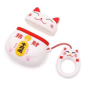 Yonocosta Cute Airpods Case, Airpods 2 Case, Fashion Funny 3D Cartoon Animals White Lucky Cat Kitty Shaped Full Protection Shockproof Soft Silicone Charging Case Cover with Keychain for Airpods 1&2