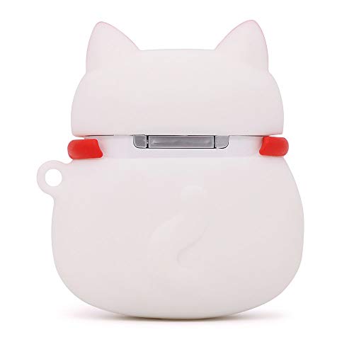 Yonocosta Cute Airpods Case, Airpods 2 Case, Fashion Funny 3D Cartoon Animals White Lucky Cat Kitty Shaped Full Protection Shockproof Soft Silicone Charging Case Cover with Keychain for Airpods 1&2